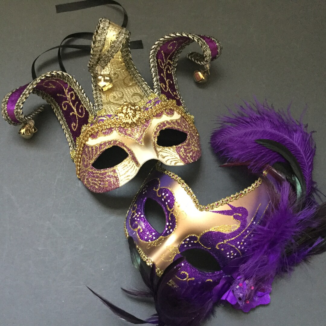 Carnival Costume Gold Purple Jester Feather Masquerade Ball Mask - Etsy