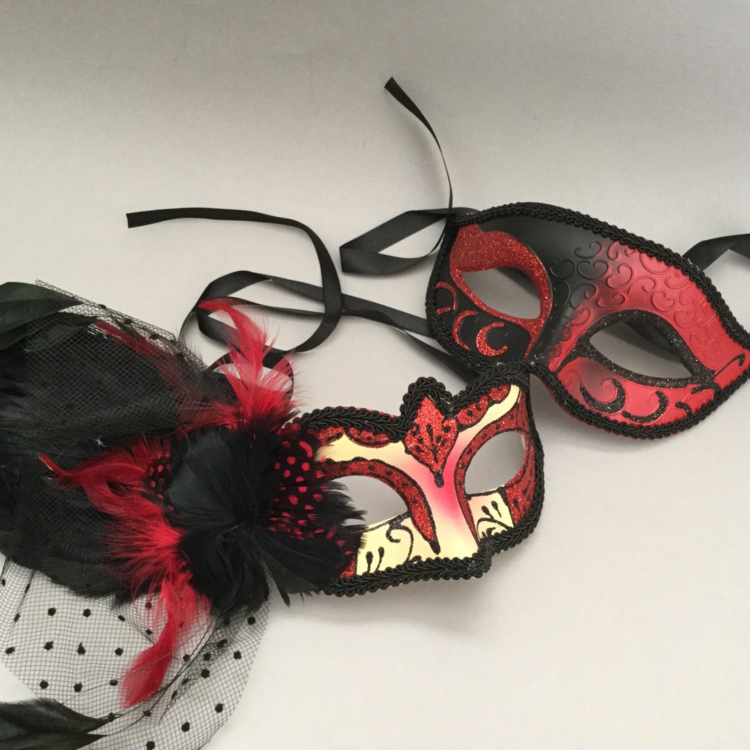 Red Masquerade Ball Mask Pair Netting Feather Veils Costume - Etsy