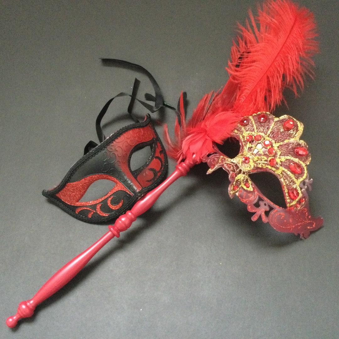 Red Masquerade Ball Mask With Stick Carnival Parade Costume Cosplay ...