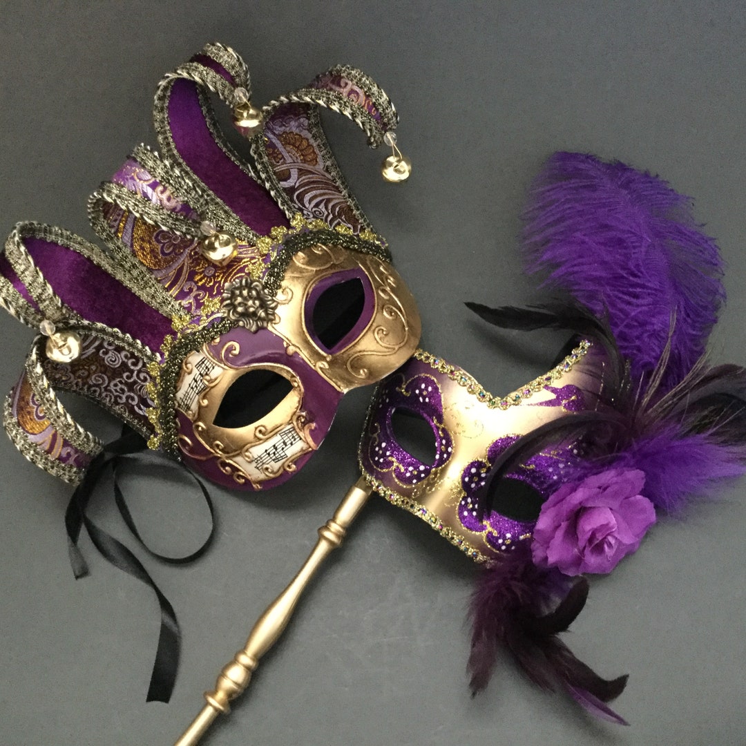 Purple Jolly Jester Mardi Gras Masquerade Feather Mask on Stick - Etsy