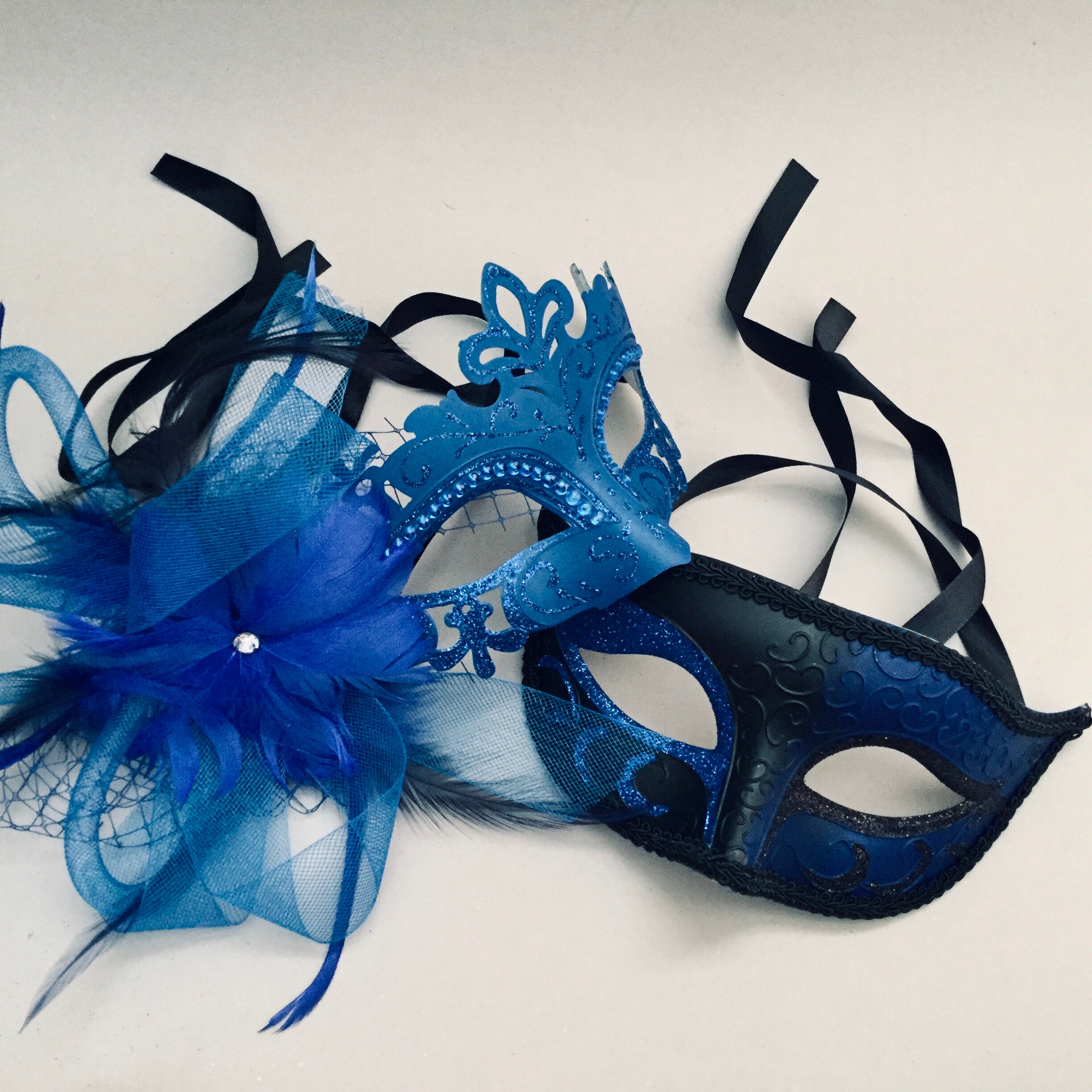 Blue Masquerade ball Feather Eye Mask Pair Costume Dress up | Etsy