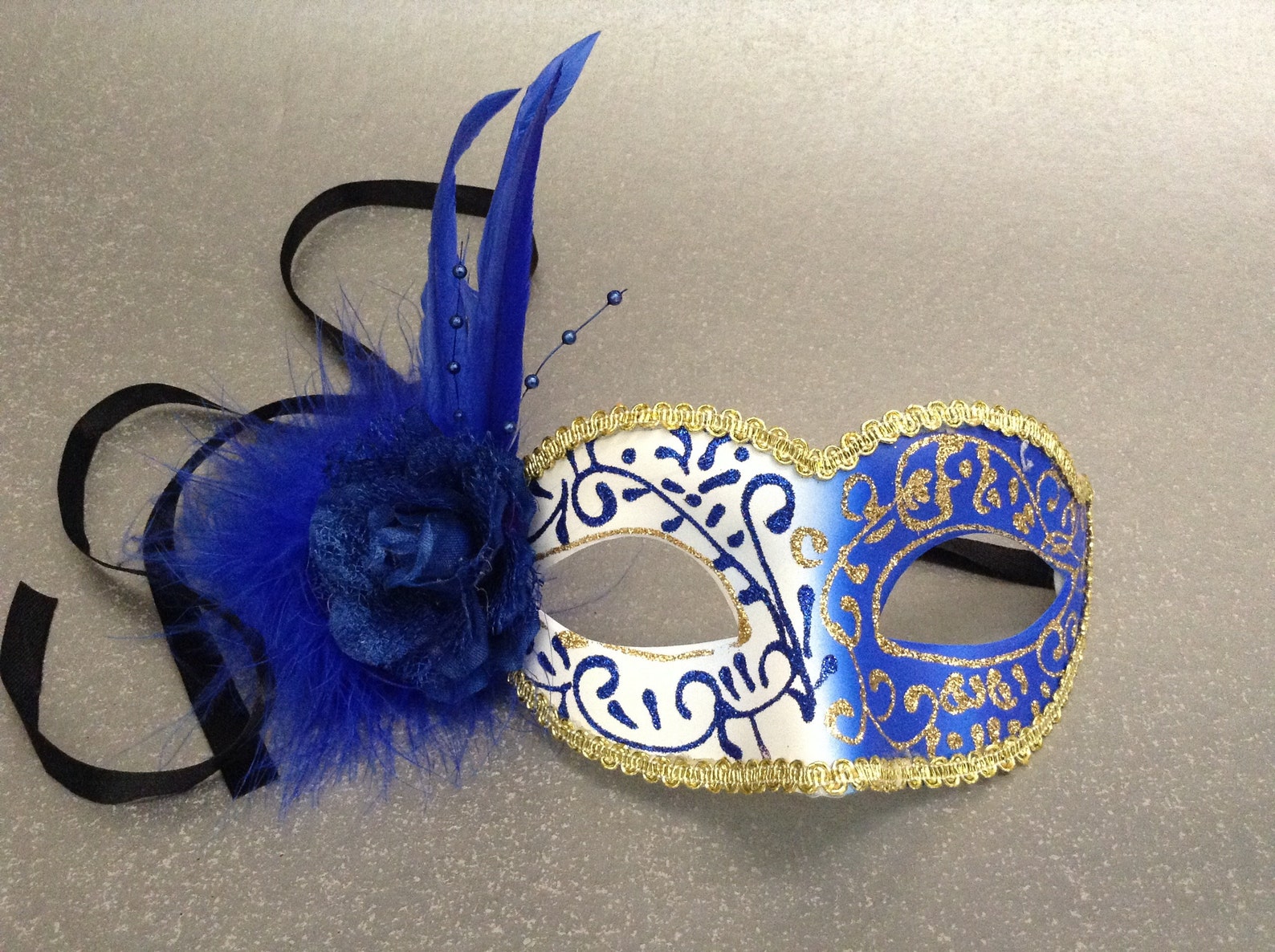 Gold Blue Masquerade Ball Party Feather Flower Eye Mask Pair | Etsy