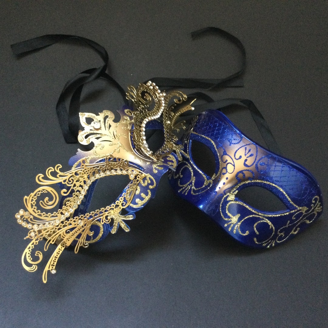 Gold Blue Masquerade Ball Mask Pair Birthday Costume Burlesque Party - Etsy