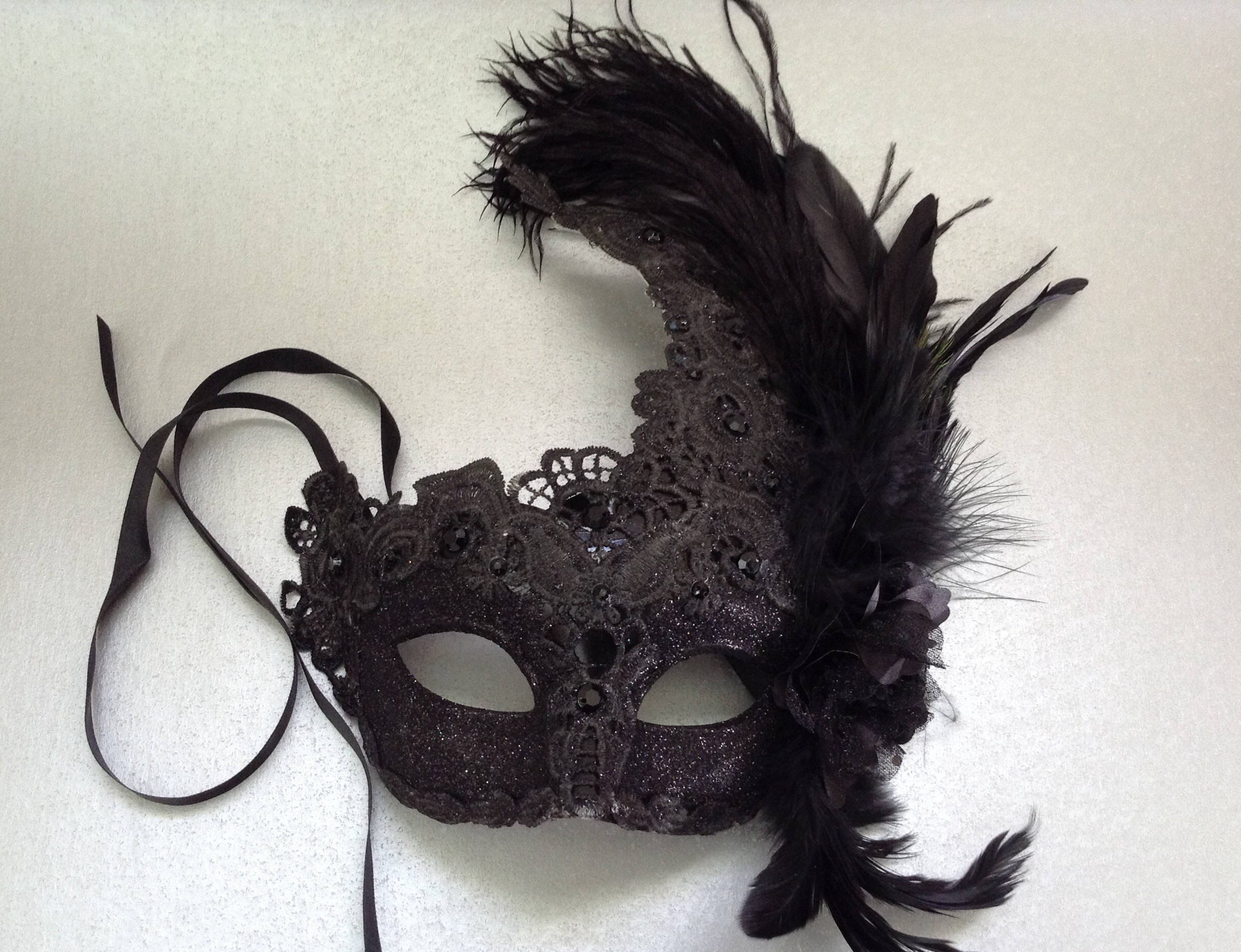 Black Lace Masquerade Mask With Ostrich Feather - Etsy