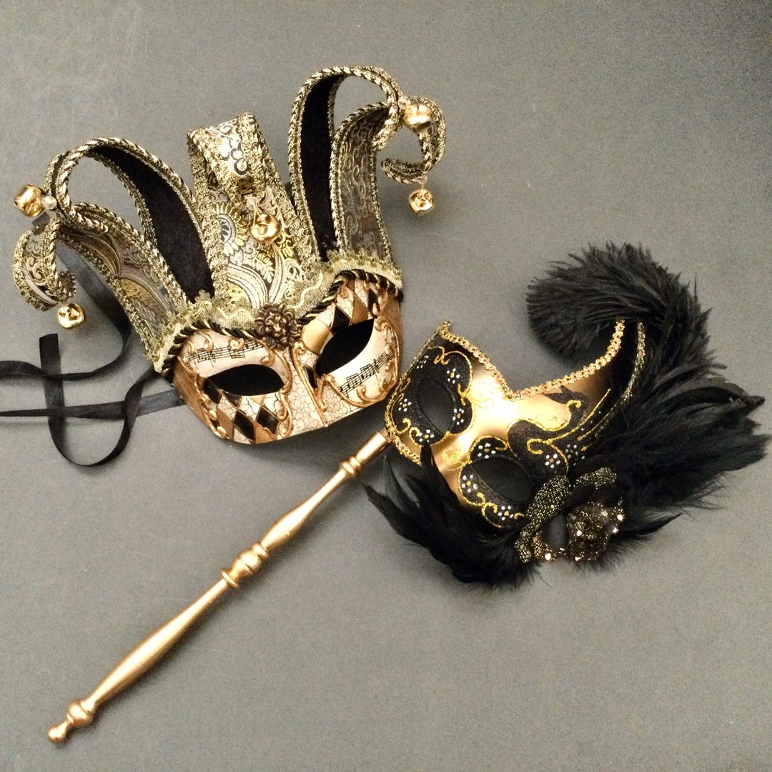 Carnival Costume Black Gold Jester Feather Handle Harlequin Masquerade ...