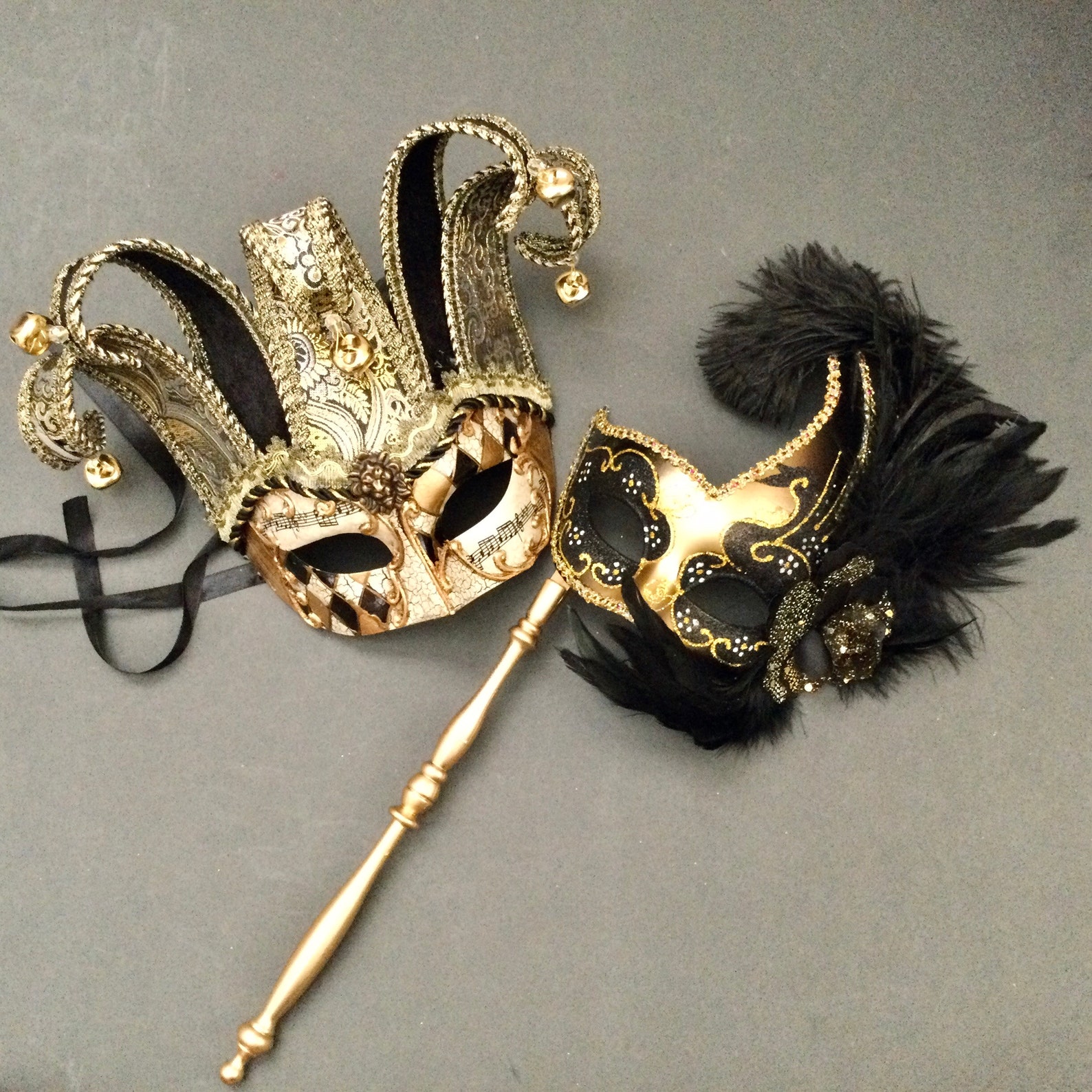 Carnival Costume Black Gold Jester Feather Handle Harlequin - Etsy