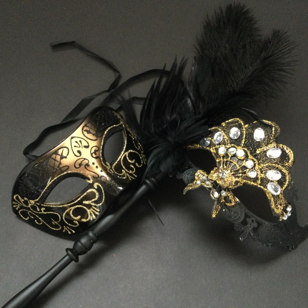 Black Gold Masquerade Ball Mask With Stick Carnival Parade Costume ...