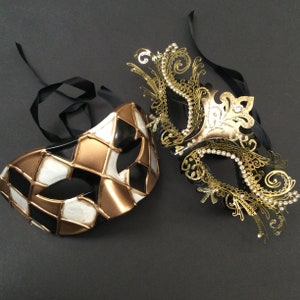 Couple Masquerade Ball Party Black Gold Harlequin Eye Mask Costume ...