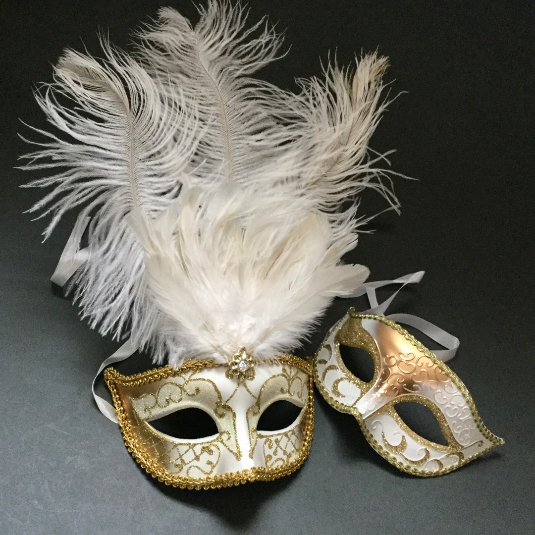 Gold White Masquerade Ball Feather Mask Pair Birthday Costume Christmas ...