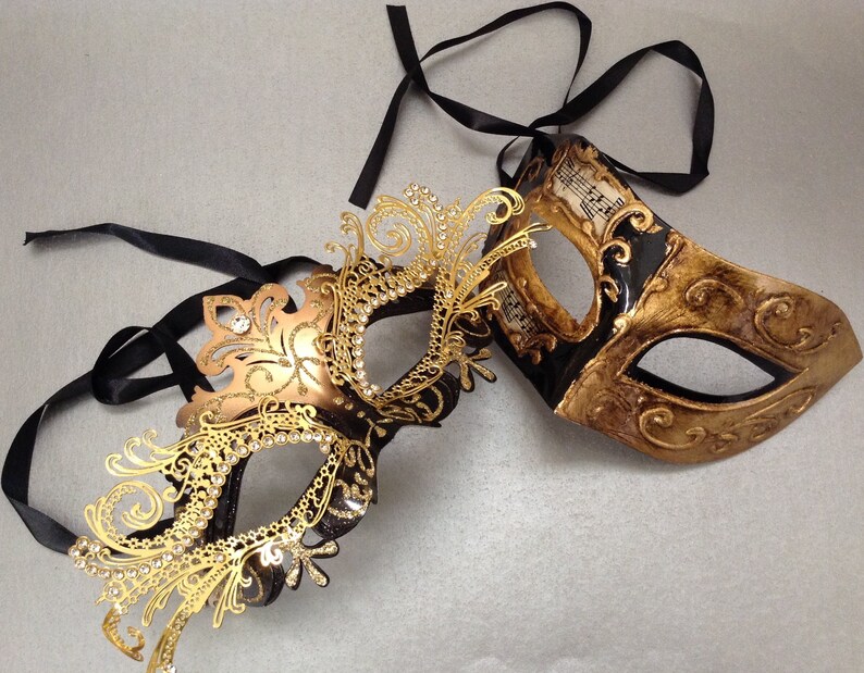 Couples Mardi Gras Masquerade Ball Party Black Gold Mask Pair Etsy