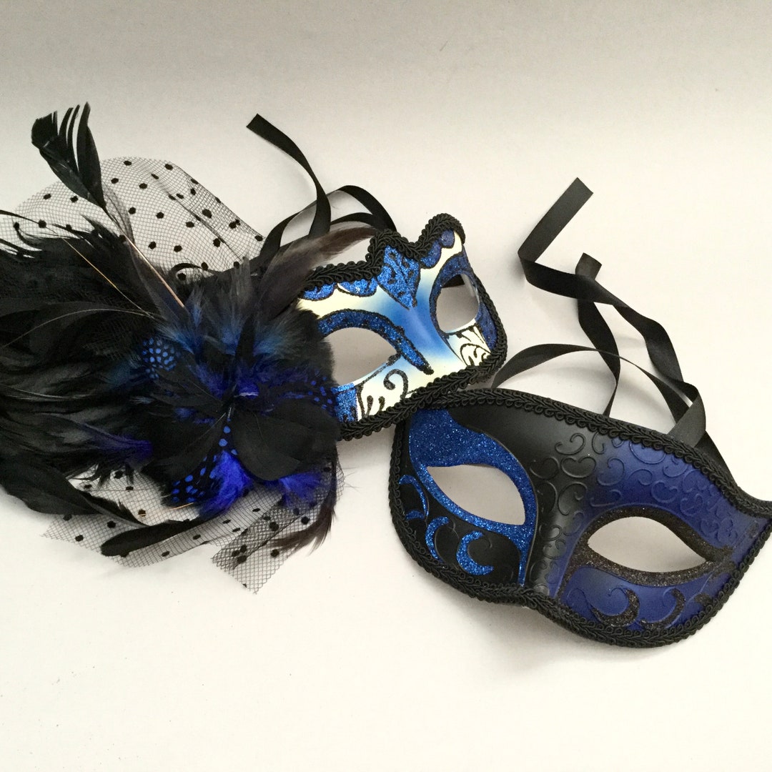 Blue Masquerade Ball Feather Eye Mask Pair Costume Dress up - Etsy