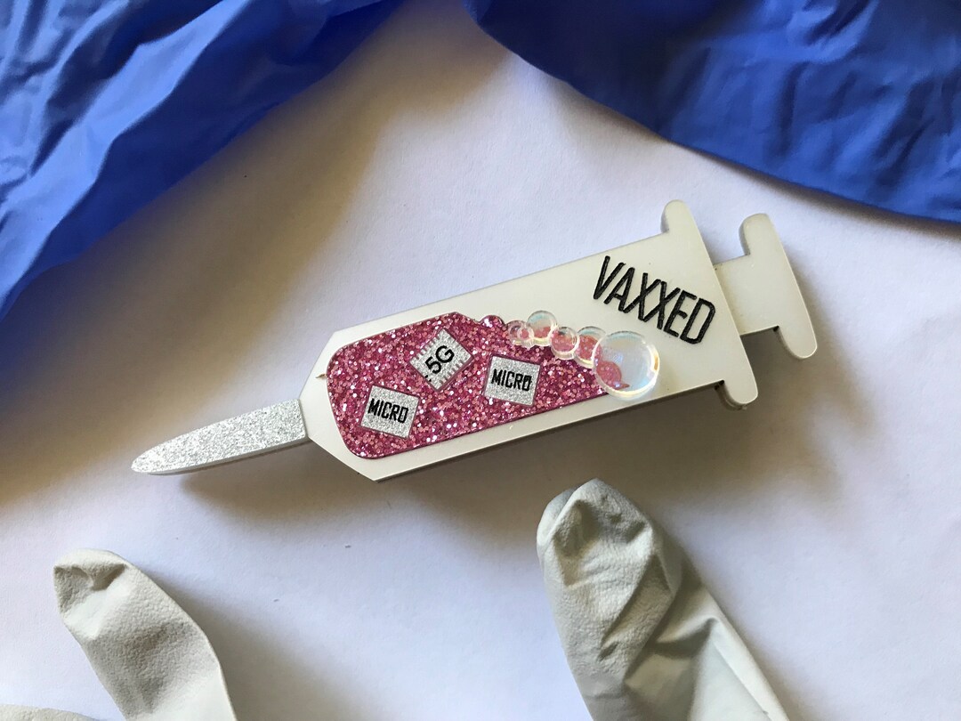 Silver and Pink Glitter Syringe Vaccinated Brooch / Handpainted ...