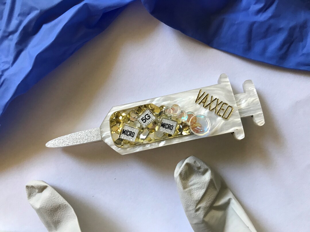 White Marble and Gold Glitter Syringe Vaccinated Brooch / Handpainted ...
