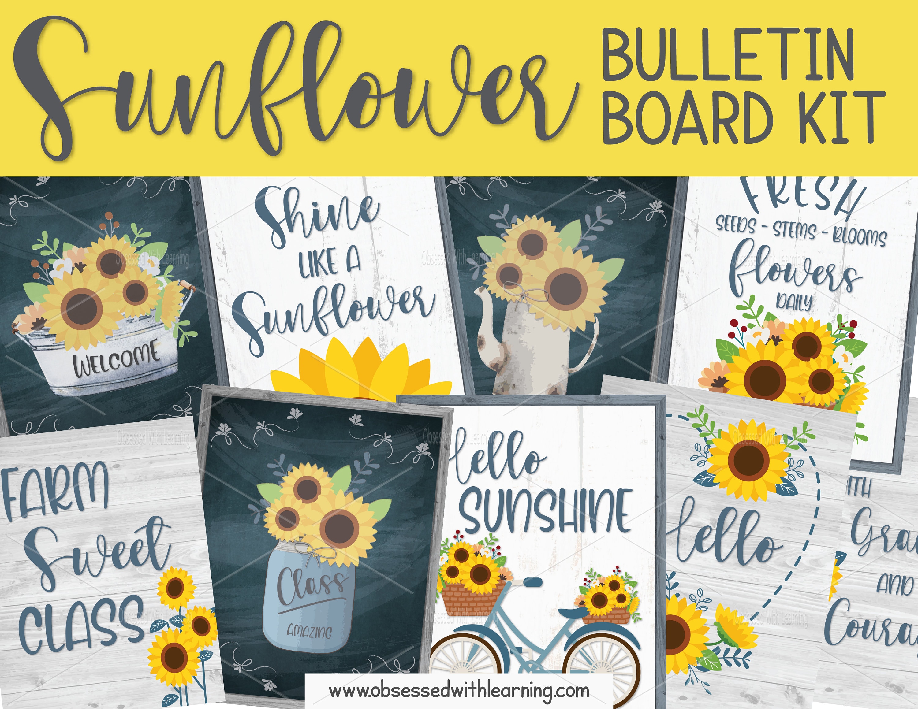 Farmhouse Sunflower Classroom Decor Kit for Educational Bulletin Board ...