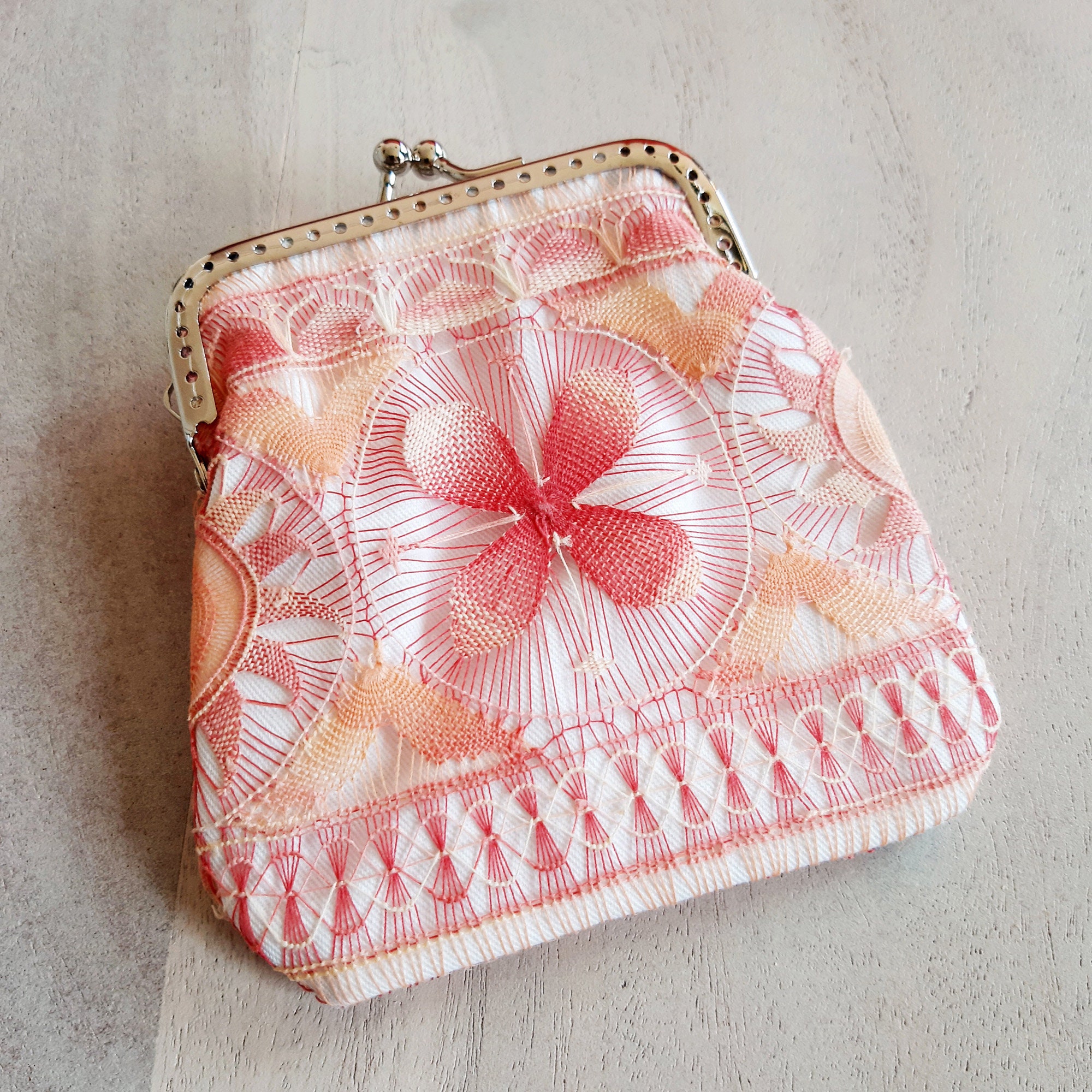 Kiss Lock Coin Purse Pink, Peach Handmade Wallet Card Holder Cash Pouch ...