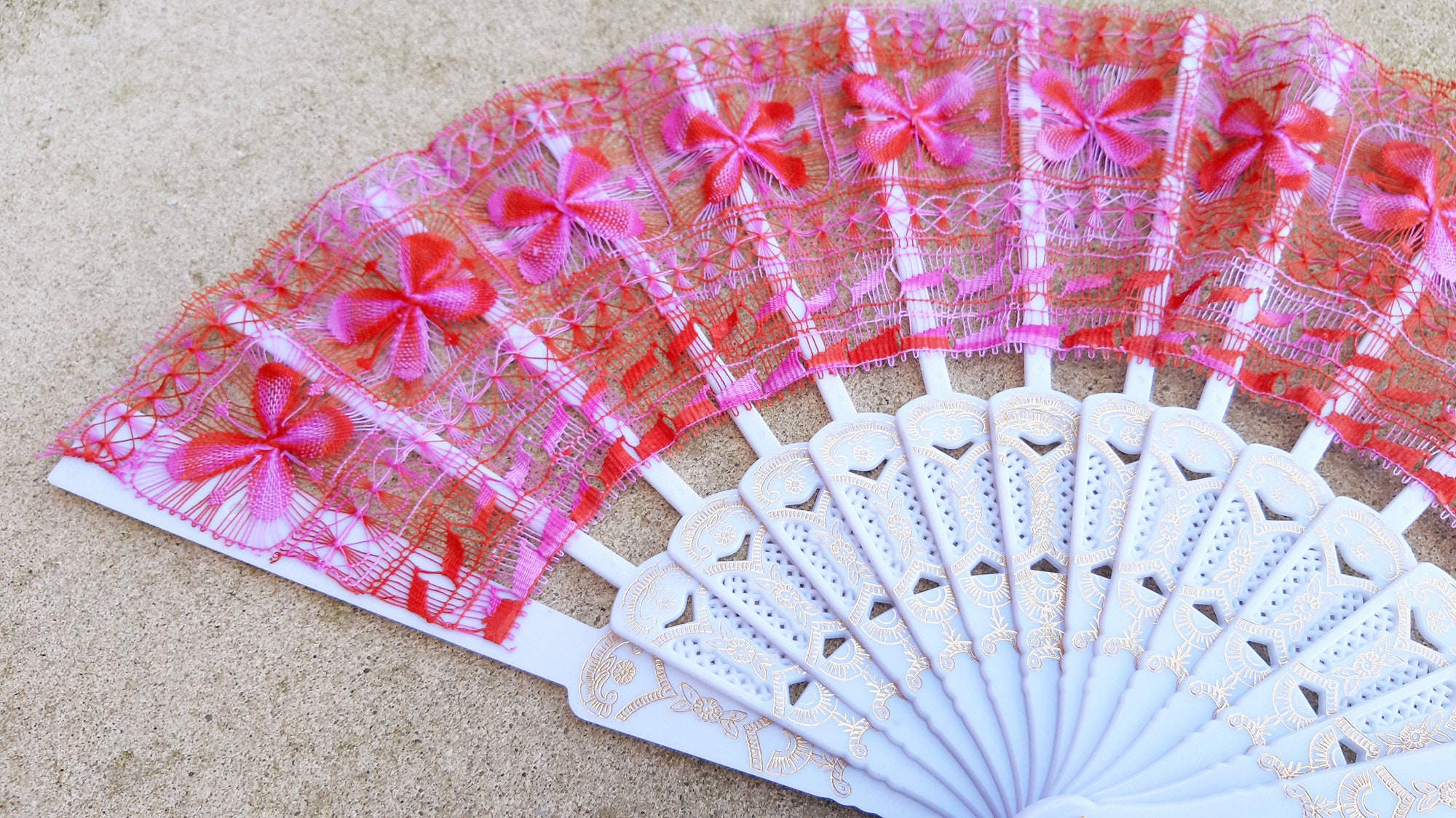 Red Pink Folding Fan Lace Handmade Handheld Foldable Nanduti Ñandutí ...