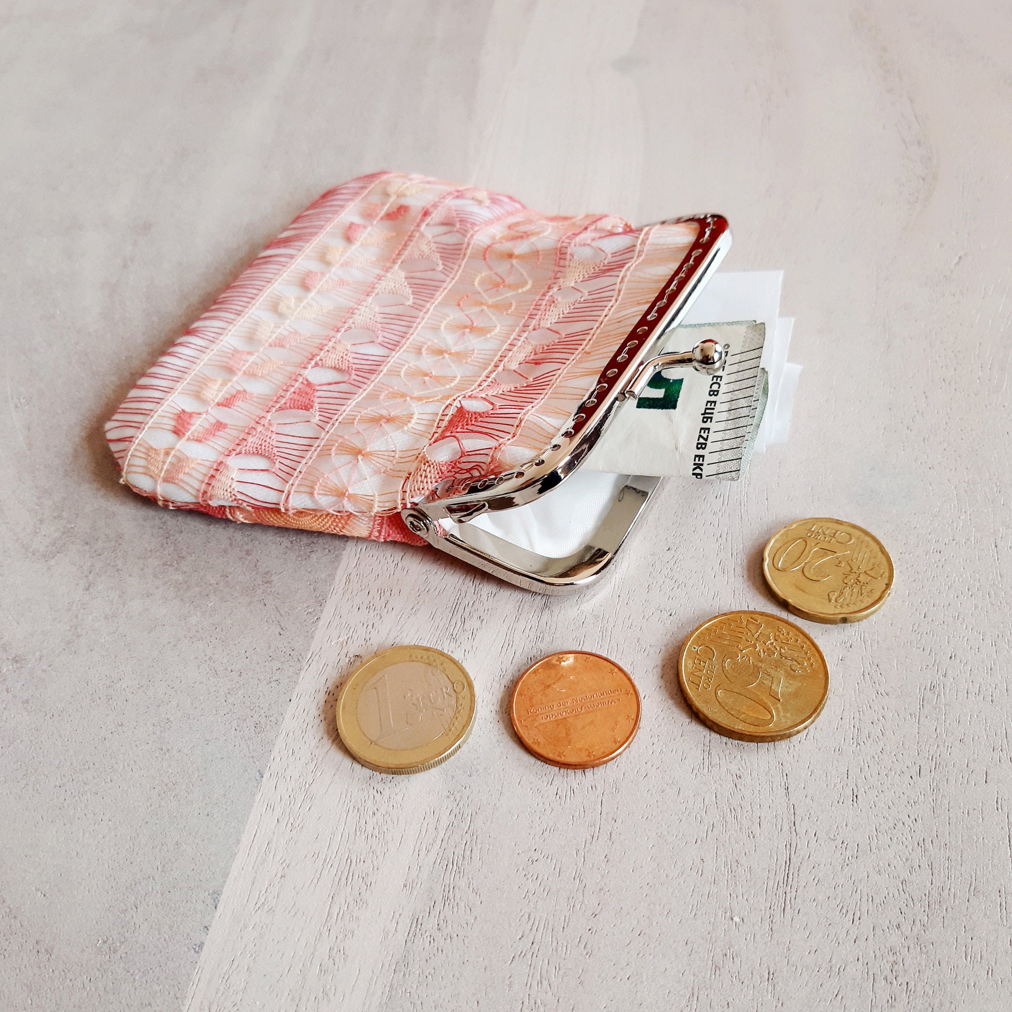 Kiss Lock Coin Purse Pink, Peach Handmade Wallet Card Holder Cash Pouch ...