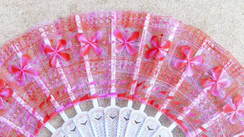 Red Pink Folding Fan Lace Handmade Handheld Foldable Nanduti Ñandutí ...