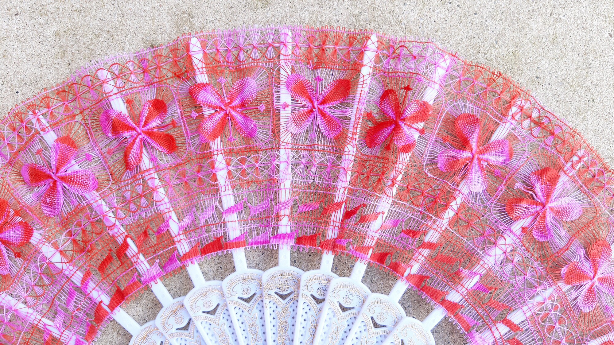 Red Pink Folding Fan Lace Handmade Handheld Foldable Nanduti Ñandutí ...