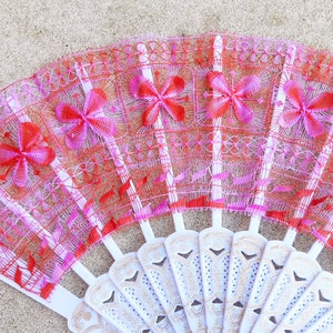 Red Pink Folding Fan Lace Handmade Handheld Foldable Nanduti Ñandutí ...