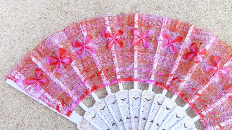 Red Pink Folding Fan Lace Handmade Handheld Foldable Nanduti Ñandutí ...