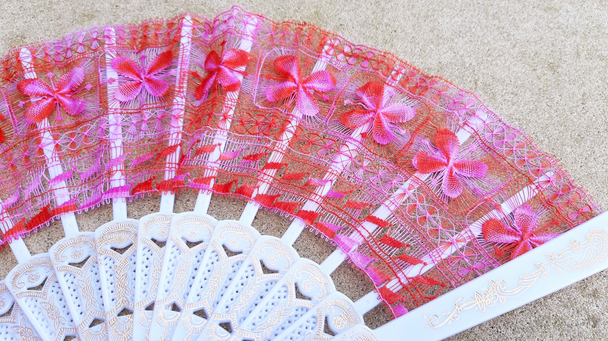 Red Pink Folding Fan Lace Handmade Handheld Foldable Nanduti Ñandutí ...