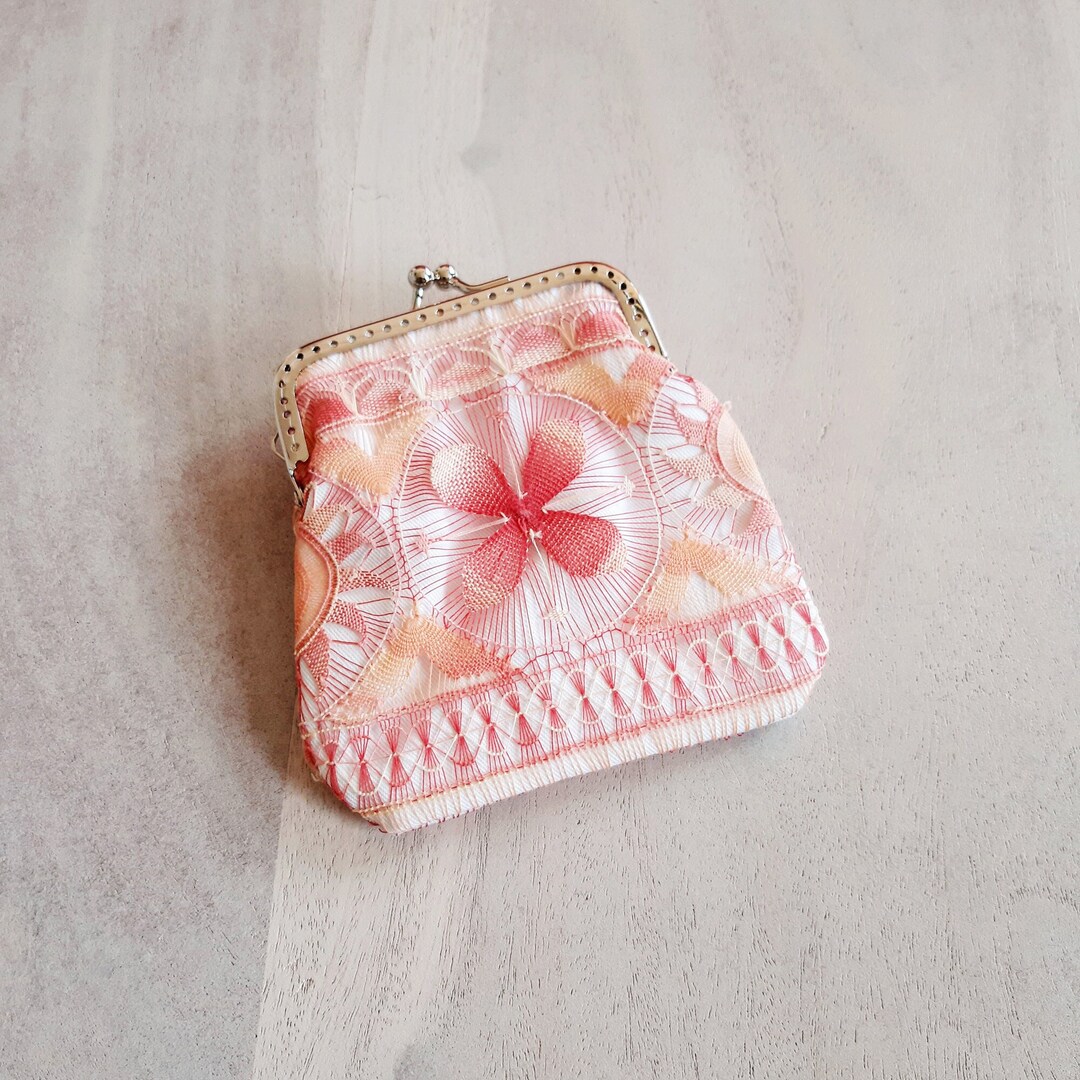 Kiss Lock Coin Purse Pink, Peach Handmade Wallet Card Holder Cash Pouch ...