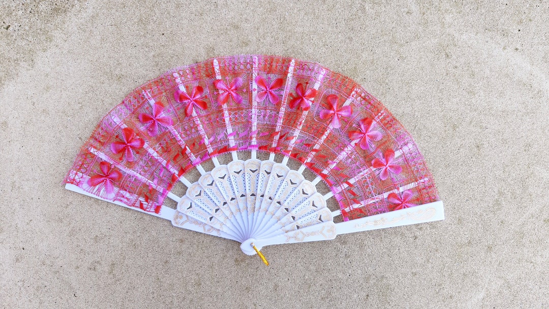 Red Pink Folding Fan Lace Handmade Handheld Foldable Nanduti Ñandutí ...