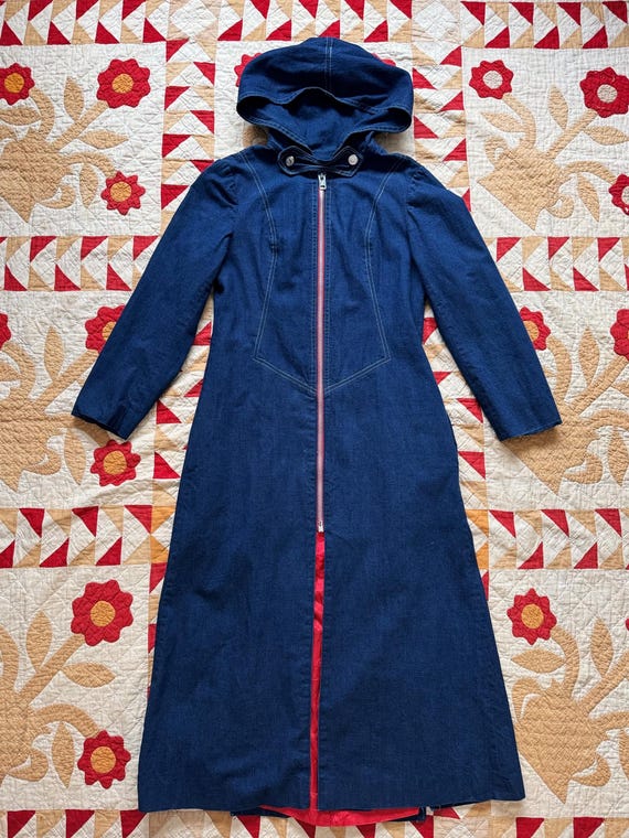 Vintage 1960s Hooded Denim Duster Zip Front Long Deni… - Gem