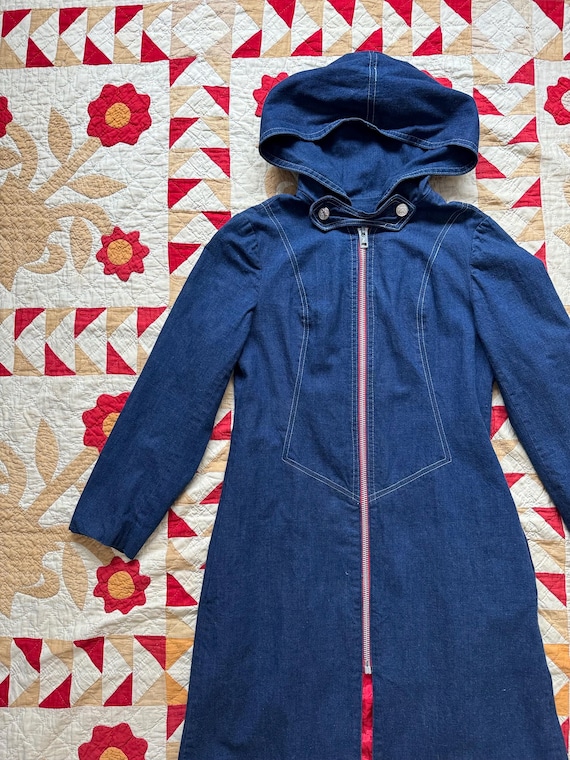 Vintage 1960s Hooded Denim Duster Zip Front Long Deni… - Gem