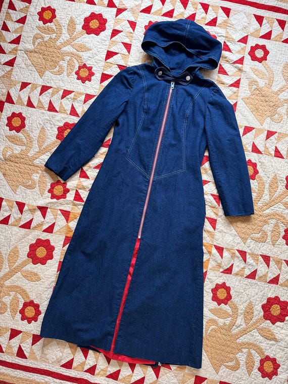Vintage 1960s Hooded Denim Duster Zip Front Long Deni… - Gem