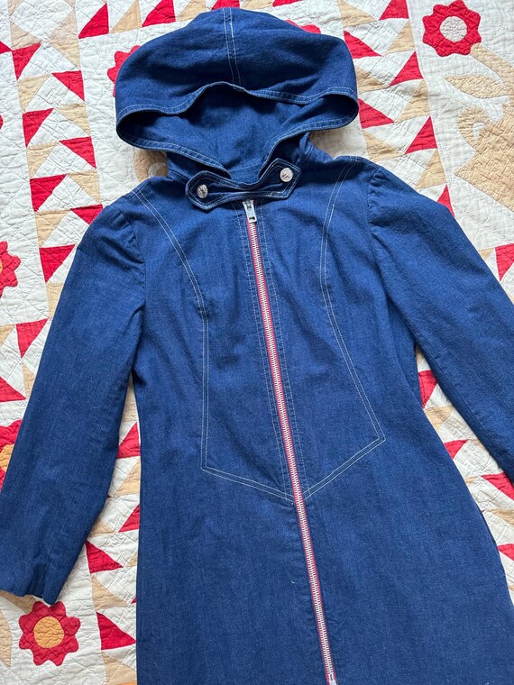 Vintage 1960s Hooded Denim Duster Zip Front Long Deni… - Gem