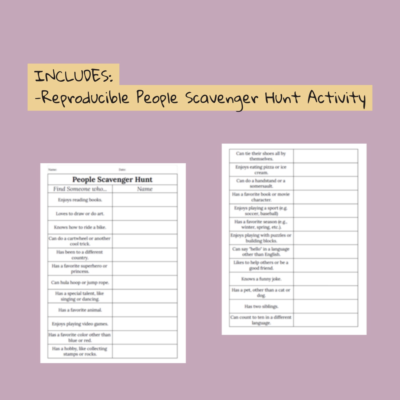 People Scavenger Hunt Discovering New Things About Classmates - LESSON ...