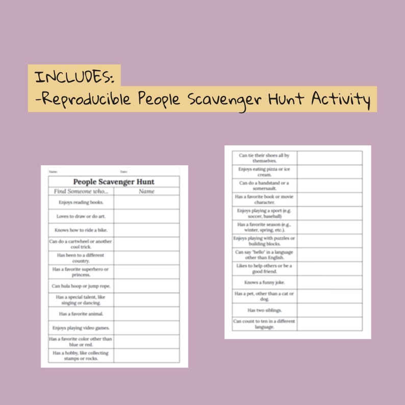 People Scavenger Hunt Discovering New Things About Classmates - LESSON ...