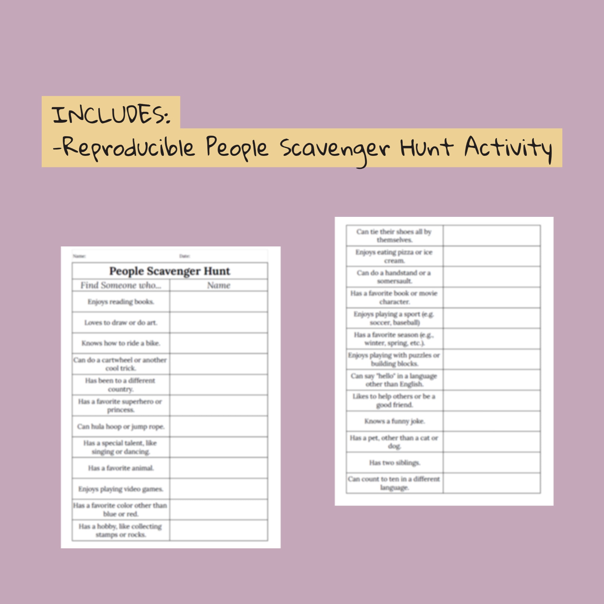 People Scavenger Hunt Discovering New Things About Classmates - LESSON ...