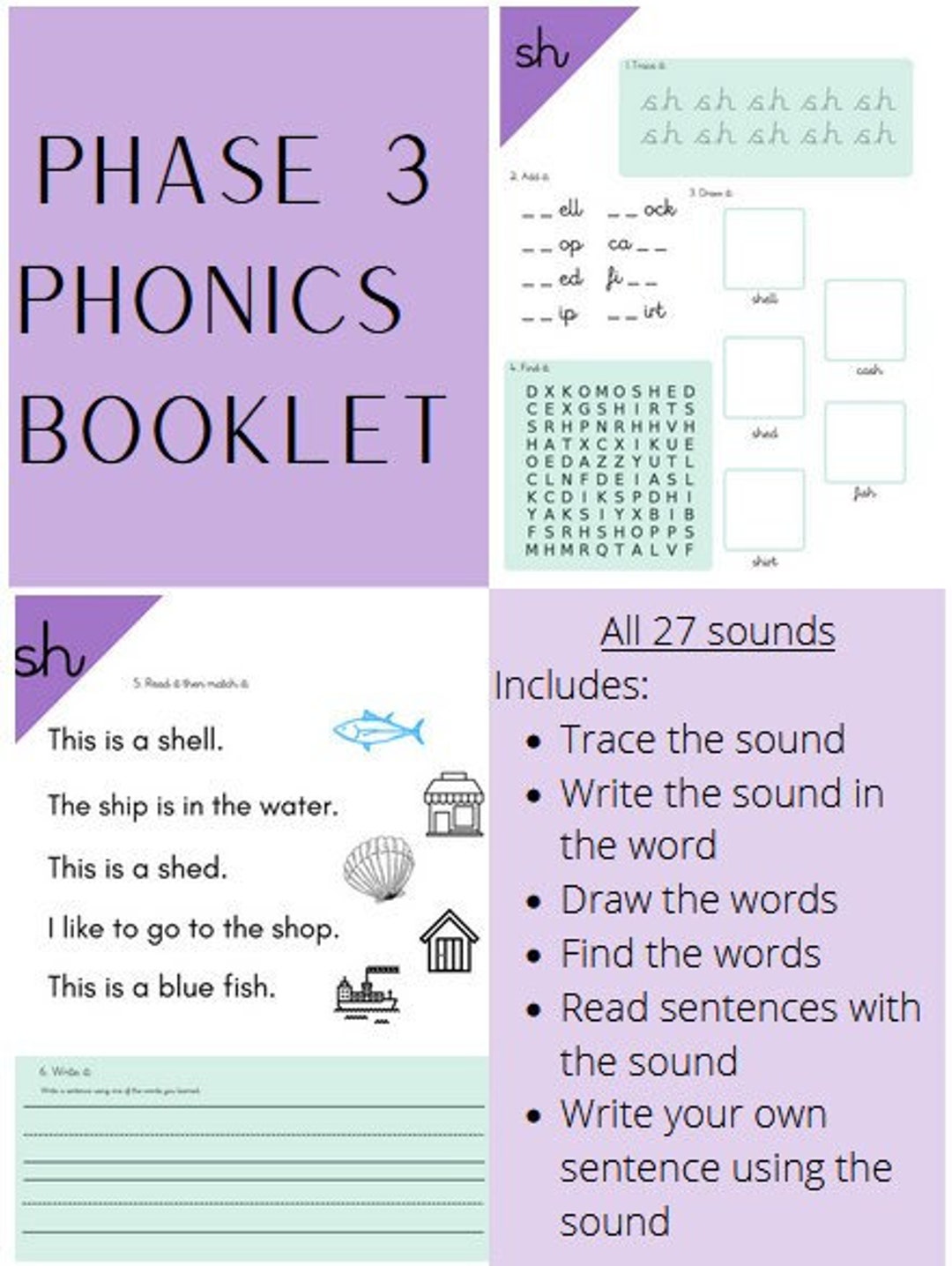 Phase 3 Phonics Learning Bundle, Workbook, Flash Cards, Long and Short ...