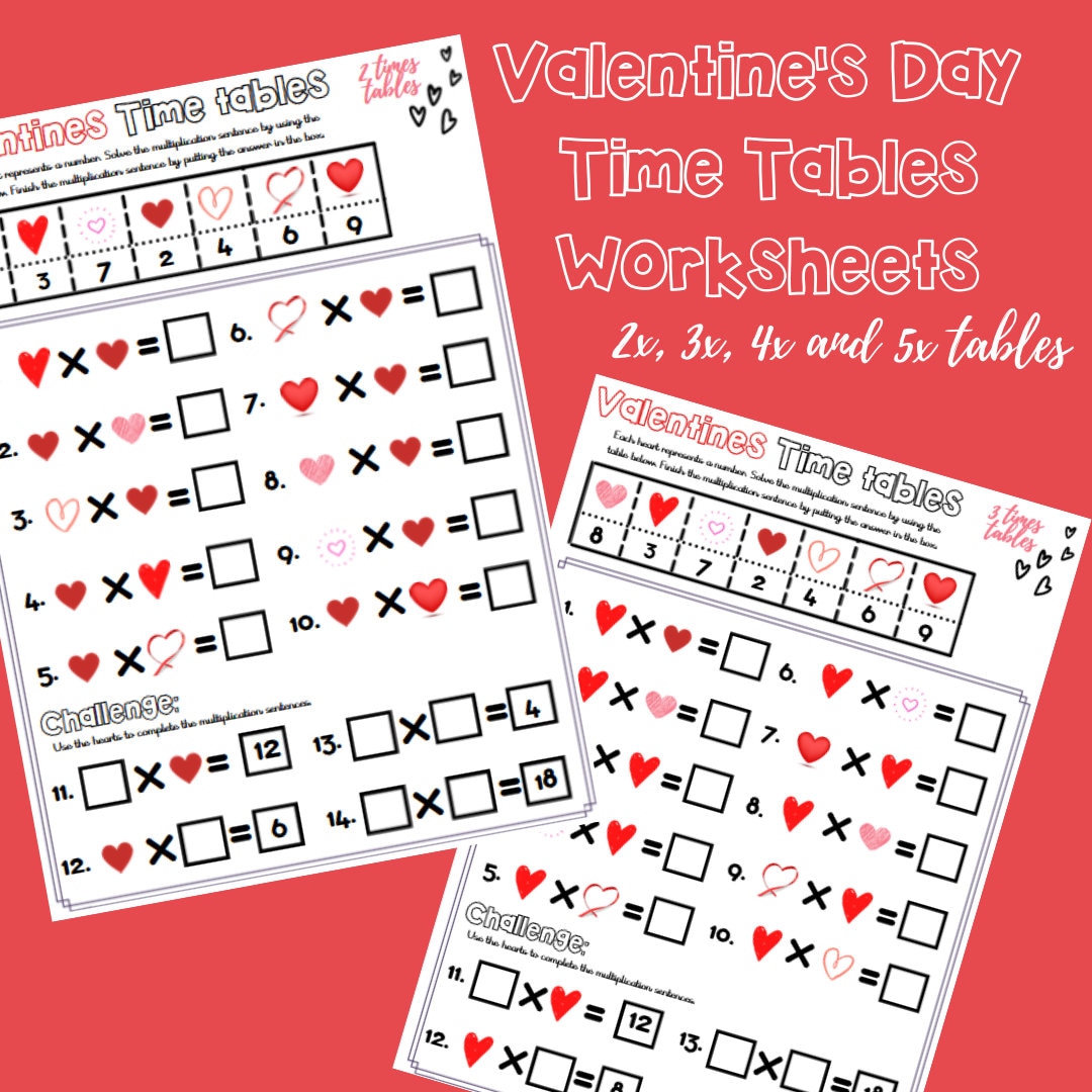 Valentine's Day Timestables Worksheets - 2x, 3x, 4x and 5x PDF - Etsy