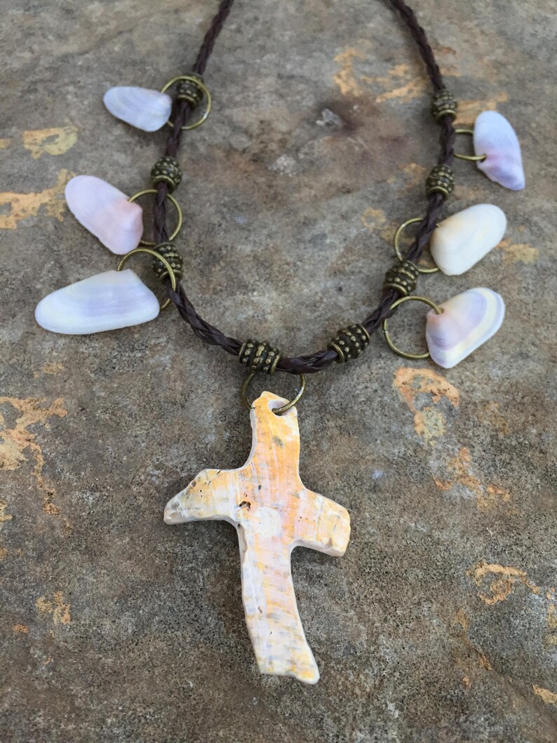 Coquina Shell With Carved Conch Cross Necklace With Bracelet and ...