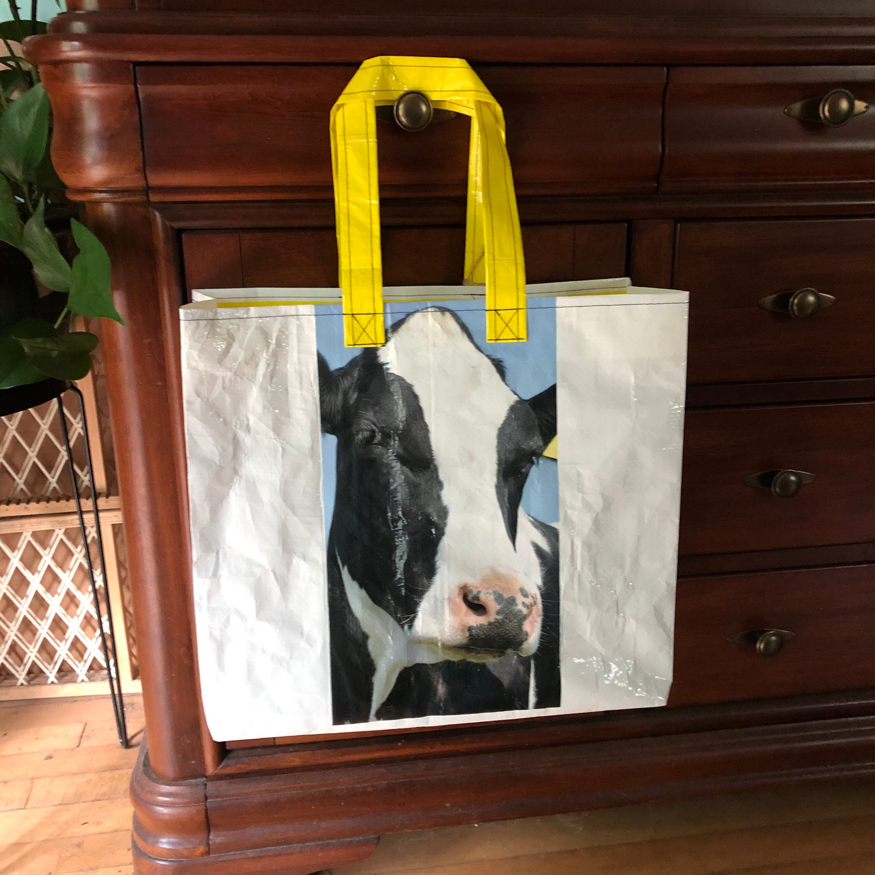 Recycled Holstein cow grain bag made into a reusable tote / up | Etsy