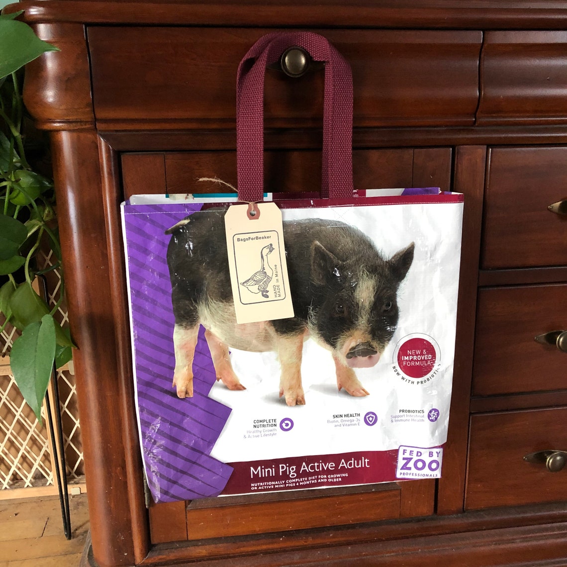 Recycled black mini pig feed bag made into a reusable tote bag | Etsy