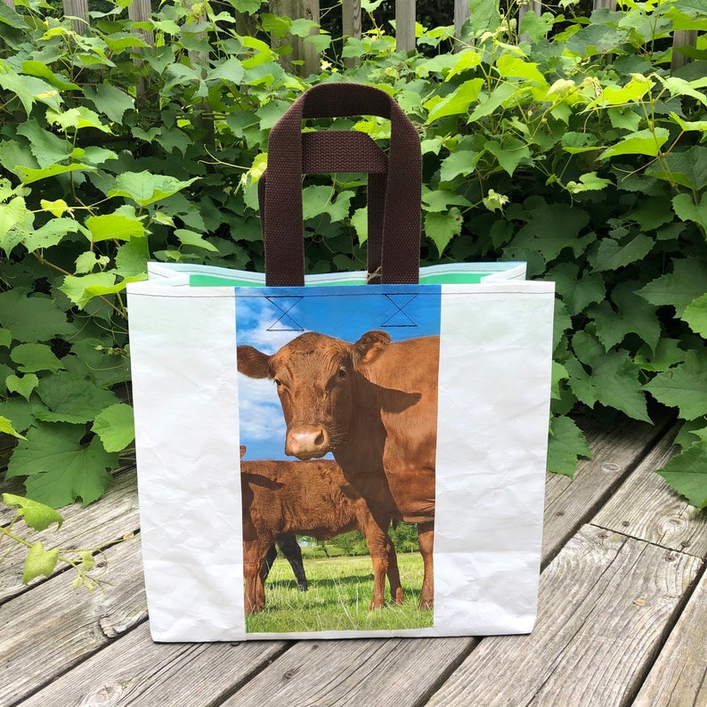 Up cycled red angus cow grain bag made into a reusable tote / | Etsy