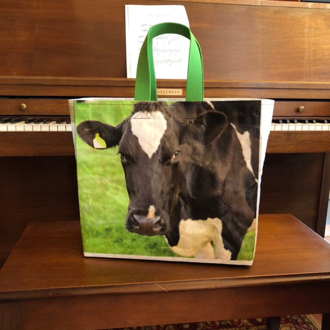 Recycled Holstein cow grain bag made into a reusable tote from | Etsy