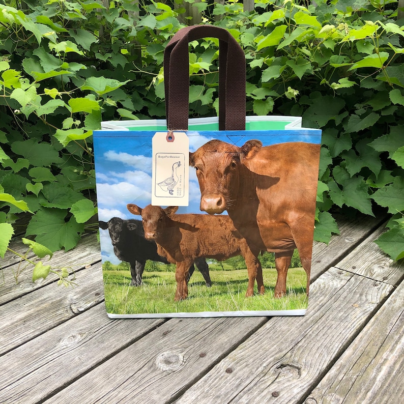 Up cycled red angus cow grain bag made into a reusable tote / | Etsy