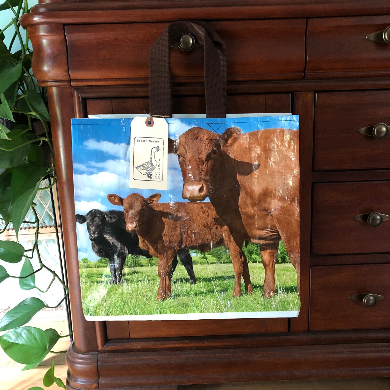Up cycled red angus cow grain bag made into a reusable tote / | Etsy
