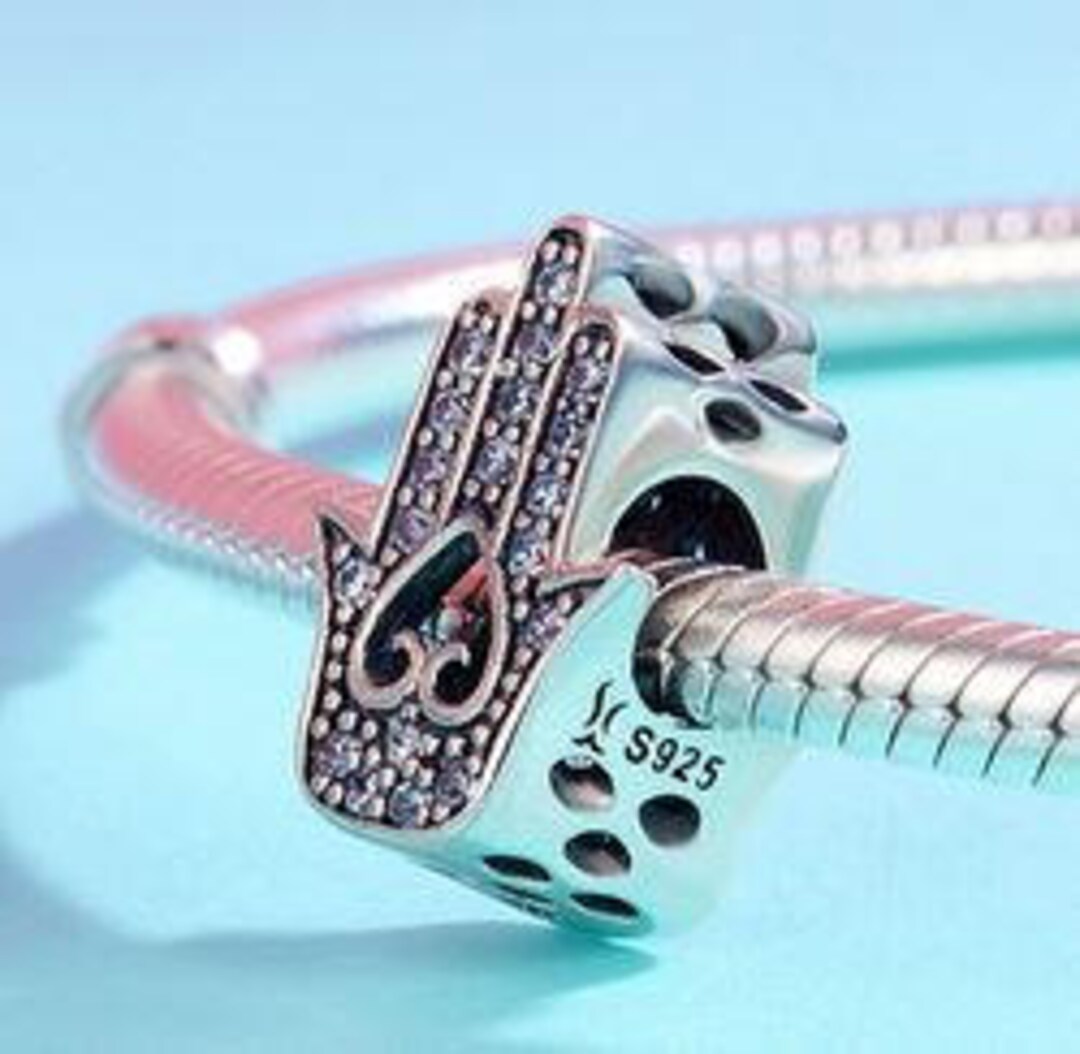 Genuine Sterling Silver Hanging Charm Hand of Fatima CZ Bead Charm Fits ...