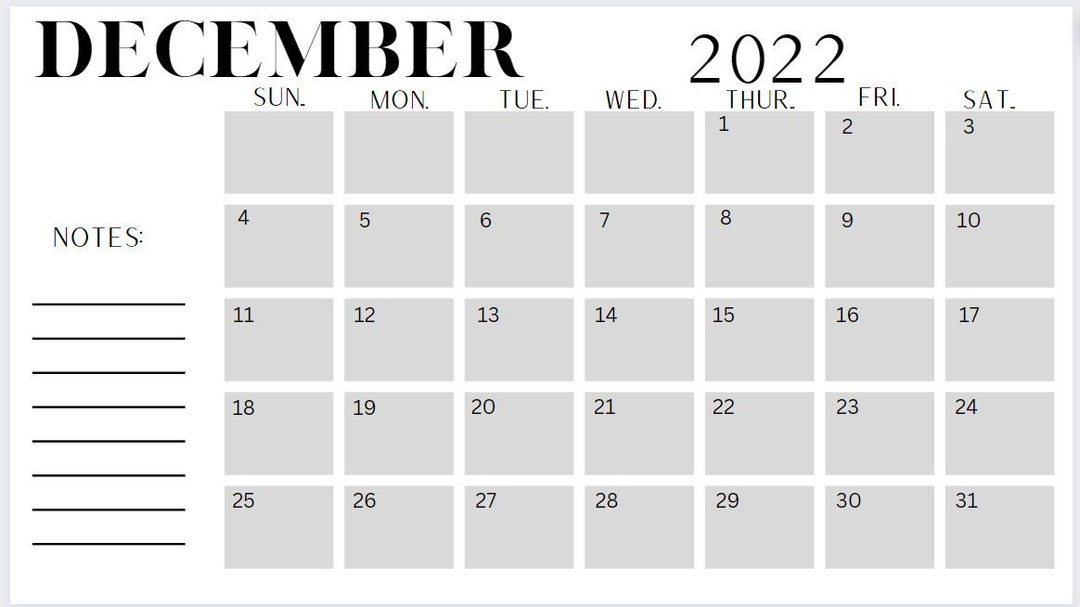 PDF Printable December 2022 Calendar - Etsy