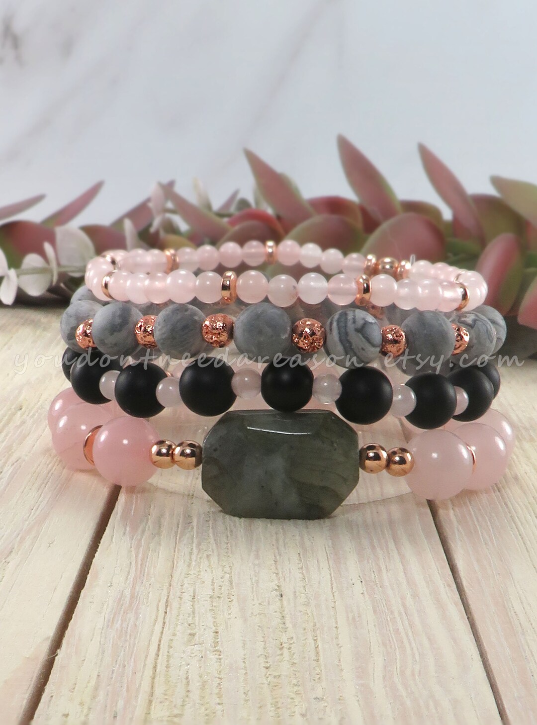 Gemstone Bracelet Stack: Map Stone, Lava, Rose Quartz, Hematite Set - Etsy