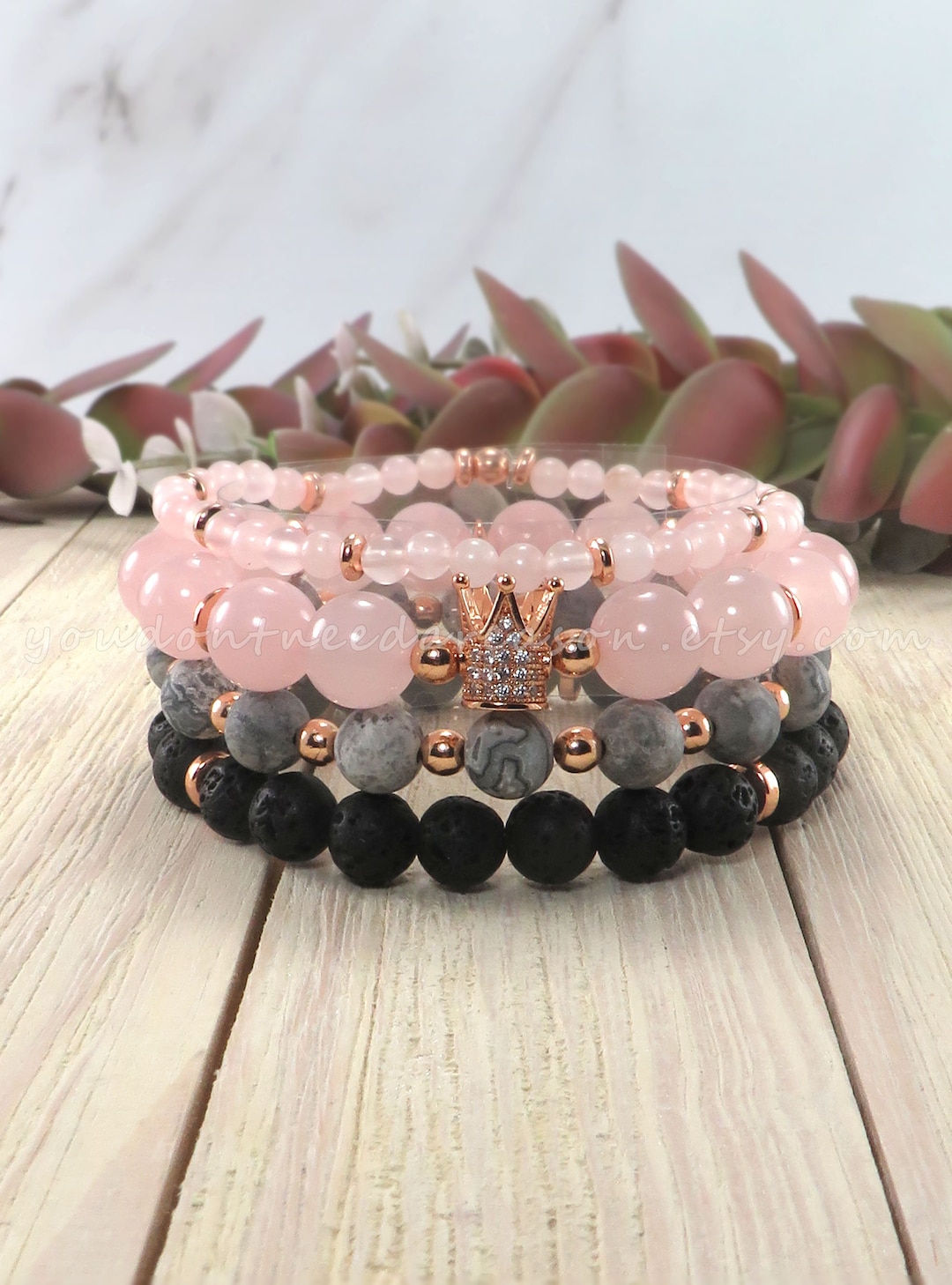 Map Stone, Lava, Rose Quartz and Rose Gold Hematite Bracelet Set ...