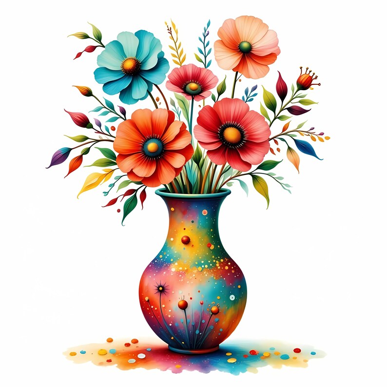 10 Vase of Flowers Clip Art, High Res JPG, Rainbow Watercolor Clipart ...