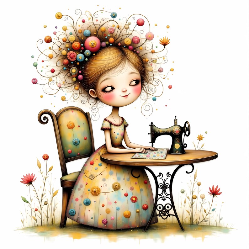Whimsical Girl Sewing Clipart, 10 High Res Watercolor Jpgs for Junk ...